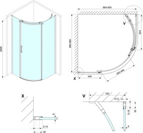 Polysan Polysan, THRON SQUARE čtvrtkruhová sprchová zástěna 900x900mm, čiré sklo, pravá, TL2690R-5002