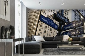 DIMEX | Samolepicí vliesová fototapeta na zeď Značky ulic v New Yorku MA-5-2990 | 375 x 250 cm | modrá, bílá, béžová
