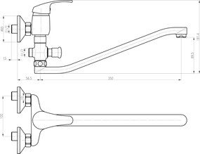 Aqualine 35 umyvadlová vanová baterie nástěnná páková 100 mm chrom 52140