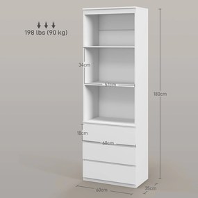 Knižní skříňka HOMCOM s úložným prostorem, výška 180 cm, 3 police a 3 zásuvky, bílá dřevěná, 60 x 35 x 180 cm