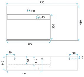 Rea Archi, umyvadlo na desku z konglomerátu 750x430x140 mm, levá verze, šedá matná, REA-U4303
