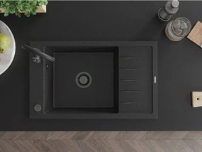 Mexen Elias, granitový dřez granitový 795x480x200 mm, 1-komorový, černá-stříbrná metalíza s černým sifonem, 6511791005-73-B