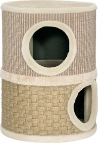 PawHut Škrabací sud, výška 49 cm, Ø35,5 cm, dvoupatrový kočičí sud s plyšovým okrajem, škrabací podložka, 2 jeskyně, khaki + káva