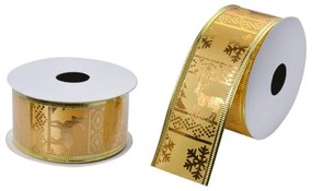 Zlatá vánoční stužka s motivem jelenů v norském stylu – 38 mm