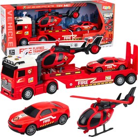 LEAN Toys Souprava hasičská a záchranná: Nákladní auto, odtahovka, auto, vrtulník, světla, zvuky
