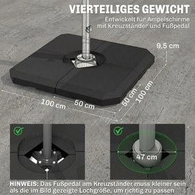 Outsunny Sada 4 kusů stojanů na slunečníky pro patio nebo zahradu, plnitelná vodou 80 kg nebo pískem 120 kg, stabilní 100x100x9,5 cm, černá