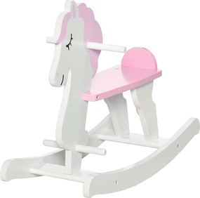 HOMCOM Houpací Kůň pro Děti 1-3 Roční Dřevěný Kůň s Řídítky a Pedály Nosnost 50 kg 68x27x46,5 cm Bílá a Růžová | Aosom