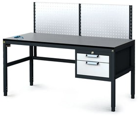 Antistatický dílenský ESD stůl s perfopanelem, 2 zásuvkový box na nářadí, 1600x800x745-985 mm