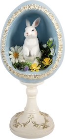 Bílo-modré vajíčko na podstavci s králíčkem a květy - 13*12*28 cm