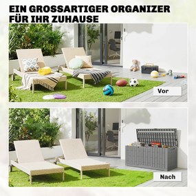 Zahradní box 379 litrů Vodotěsný uzamykatelný box odolný proti UV záření Dřevěný box na zahradní polštáře 122,5x56x62cm Šedý