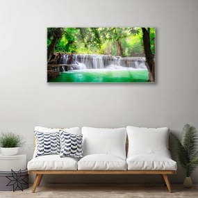 Obraz na skle Vodopád Jezero Les Příroda 125x50 cm