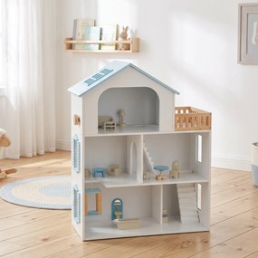 AIYAPLAY Domeček pro panenky 79,5 cm vysoký, 3patrový s výtahem, 13 kusy nábytku, balkón, velký dárek pro dívky od 3 do 6 let, modrý