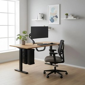 Výškově nastavitelný stůl OfficeTech B, 140 x 80 cm, černá podnož, dub kraft