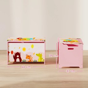 AIYAPLAY dětská truhla na hračky, úložný box, sklopné víko, motiv zvířete, 60 x 37 x 39 cm růžová