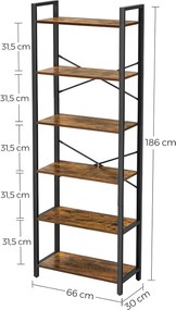 6patrová knihovna úložná police s ocelovým rámem 66 x 30 x 186 cm, rustikální hnědá