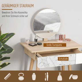 HOMCOM Toaletní stolek s kulatým zrcadlem Ф39cm, Toaletní stolek se zásuvkou s dekorací džungle, Bílý a dubový, 70x39x119-128cm