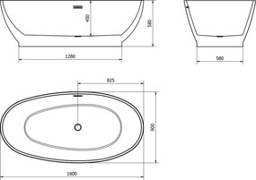 Mexen Bilbao, volně stojící vana 180 x 90 cm, bílá-černá, broušený grafit přepad, 51311809075-95