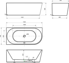 Aqualine Aqualine, TIBERA L rohová stojící vana 150x75cm, bílá, E1047