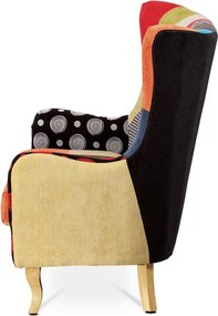 Dvojsedačka, potah látka patchwork, dřevěné nohy, masiv kaučukovník patchwork