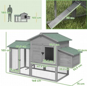 Dřevěný kurník pro slepice s volným výběhem hnízdní box s rampou výsuvný tác pro 2-4 slepice 168x75x103cm šedý