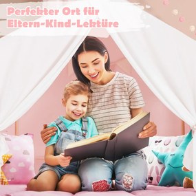 Costway Dětský stan s omyvatelnou bavlněnou podložkou a vlajkou Banner – růžový