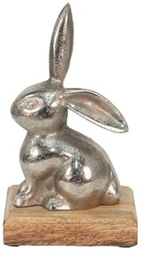 Dekorace stříbrný kovový králík na dřevěném podstavci - 11*10*20 cm