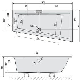 Polysan ANDRA R SLIM asymetrická vana 170x90x45cm, bílá, 81511S