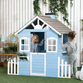 Dětský dřevěný domeček Outsunny pro venkovní hraní pro děti 3-7 let s dveřmi, okny, truhlíky a bočními ploty 151x112,5x142 cm Modrá