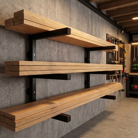 Nástěnný regál na dřevo a dlouhý materiál, 3 úrovně, 350 × 410 mm (1 pár)