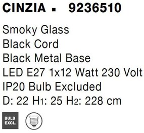 Nova Luce Závěsné svítidlo CINZIA kouřové sklo černý kabel černá kovová základna E27 1x12W