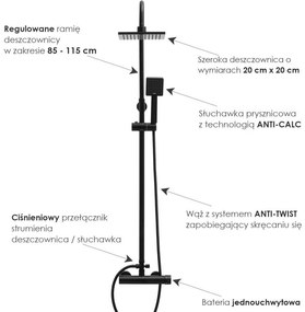 Erga Flova, sprchová souprava s pákovou baterií a dešťovou hlavicí 20x20cm, černá matná, ERG-YKA-BP.FLOVA 20 BLK