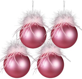 4ks růžová vánoční ozdoba koule s peříčky - Ø 10 cm