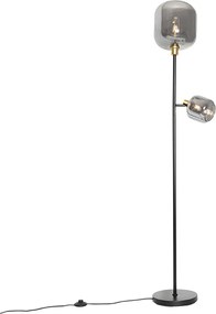 Stojací lampa černá se zlatem a kouřovým sklem 2-světlo - Zuzanna