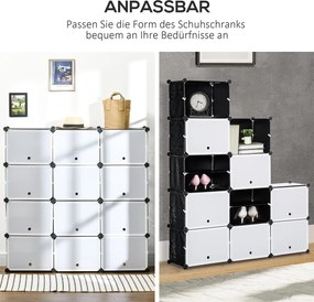 HOMCOM Botník Úložný box s 12 kostkami DIY zásuvný regál s dvířky Plastová ocel Černá+bílá 125 x 32 x 125 cm | Aosom