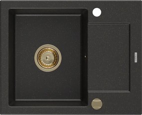 Mexen Enzo, granitový dřez 576x465x174 mm, 1-komorový, černá-zlatá metalíza se zlatým sifonem, 6506571005-75-G