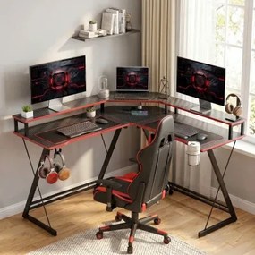 HOMCOM L-tvarovaný počítačový stůl se zásuvkami, 128 cm rohový stůl s držákem monitoru, háčkem na sluchátka a držákem nápojů