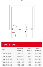 Skládací sprchové dveře s otočným systémem pro instalaci do niky TZNL1, TZNP1 2012 mm 467–492 1075–1110 Transparent O Brillant Levá TZNL1/1100 739-110000L-00-02