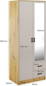 Skříň se zrcadlem 2D2S dub artisan / kašmír Kami