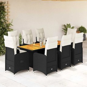 9dílný zahradní bistro set s poduškami černý polyratan