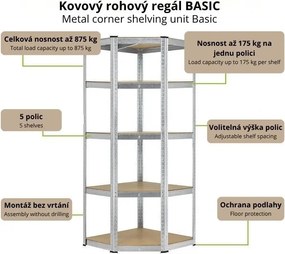 Rohový kovový regál 180 × 70 × 40 cm, 5 polic, variabilní