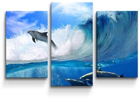 Sablio Obraz - 3-dílný Delfíni ve vlnách - 75x50 cm