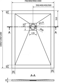 Mexen Stone+, obdélníková vanička z minerálního kompozitu 110 x 90 cm, bílá, černá krytka, 44109011-B