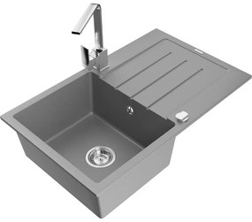 Mexen Bruno, dřez granitový 795x495x200 mm, 1-komorový, šedá s chromovým sifonem a chromová dřezová baterie Rita, 6513-71-670300-00