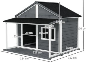 Dřevěná psí bouda PawHut s terasou a asfaltovou střechou – venkovní weatherproof úkryt pro malé zvíře, šedá, 124 x 112 x 105 cm