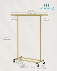 Kolečkový oděvní stojan, vysoká nosnost 100 kg, 45 x (92–132) x 161,5 cm, světlé zlato