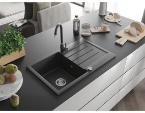 Mexen Bruno, 1-komorový granitový dřez s odkapávačem 80x50 cm a kuchyňskou baterií Telma, černá-skvrnitá, 6513-76-670200-76