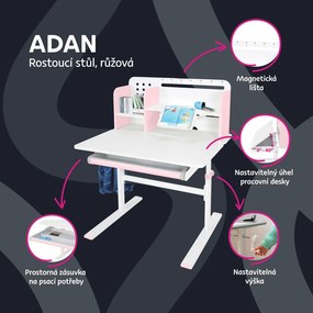 Kondela Rostoucí psací stůl, růžová/bílá, ADAN