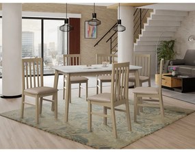 Rozkládací jídelní stůl se 6 židlemi AL16, Barva dřeva: bílá, Potah: Kronos 7, Barvy nožiček: Bíla