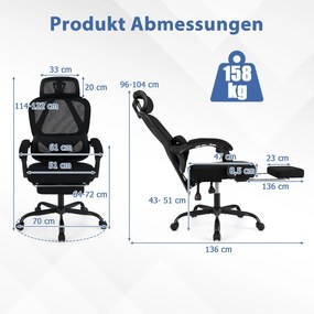 Costway Kancelářské křeslo ergonomické se zasouvací opěrkou nohou psací židle