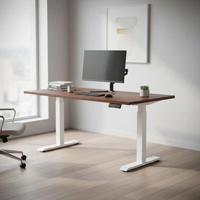 Výškově nastavitelný stůl OfficeTech D, 120 x 80 cm, bílá podnož, ořech